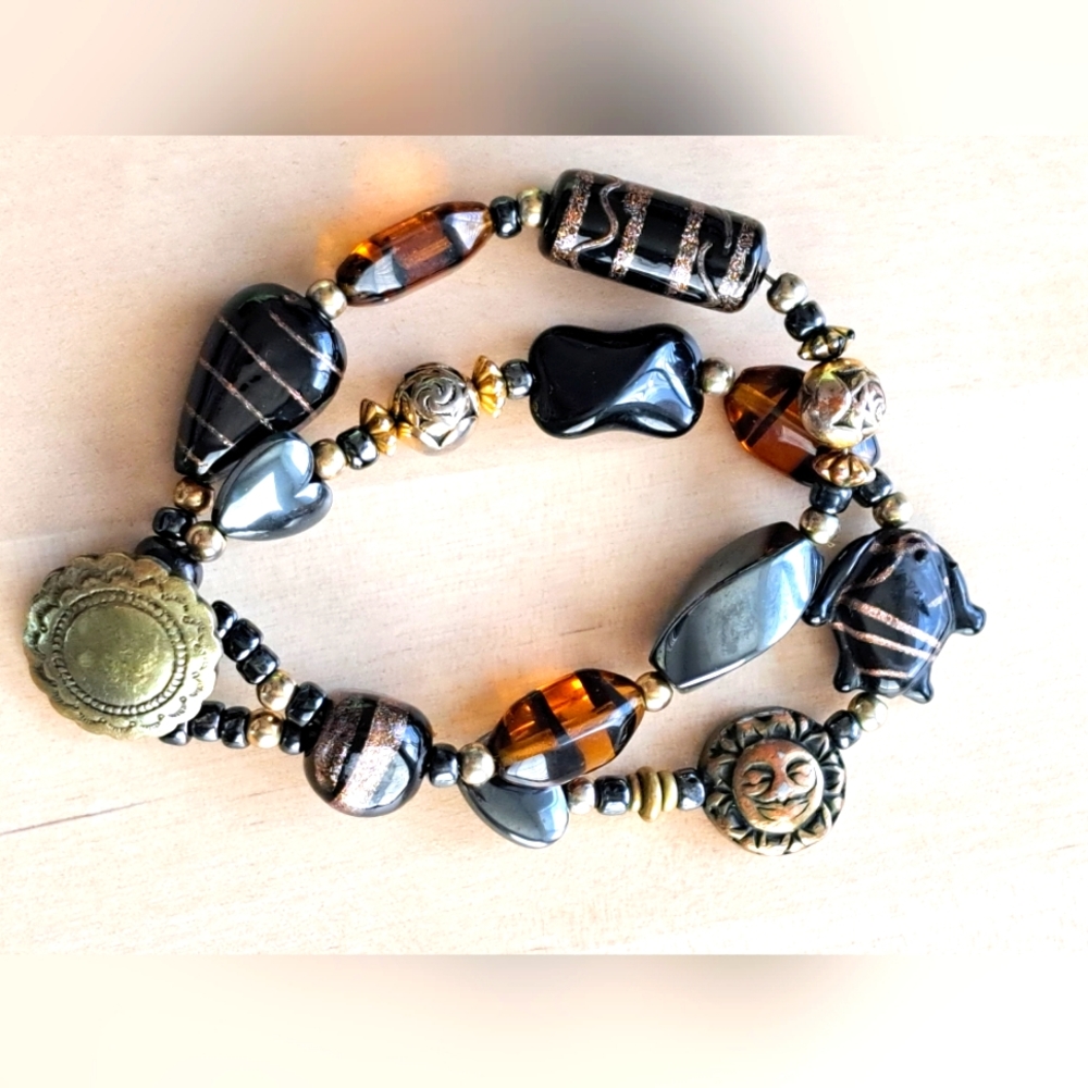 Black & Amber Art Glass, Golden And Hematite Charm Do… - Gem